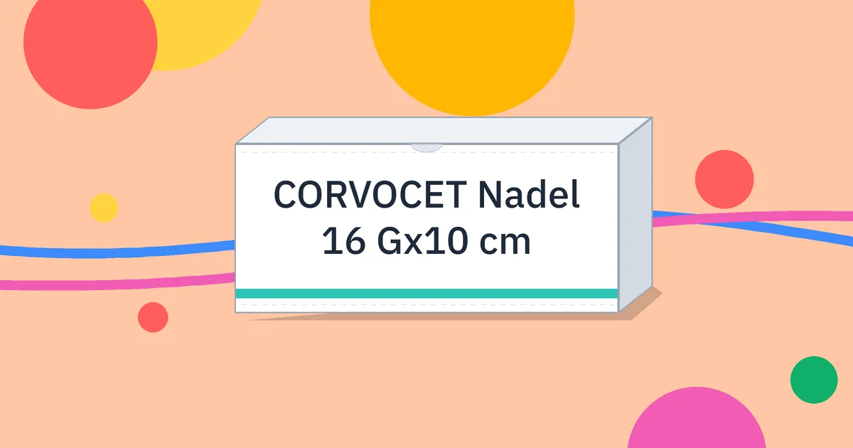 Symbolbild: Packung mit der Aufschrift CORVOCET Nadel 16 Gx10 cm (PZN 18763951) – Verfügbarkeit und Bezug in Apotheken in Frankfurt am Main