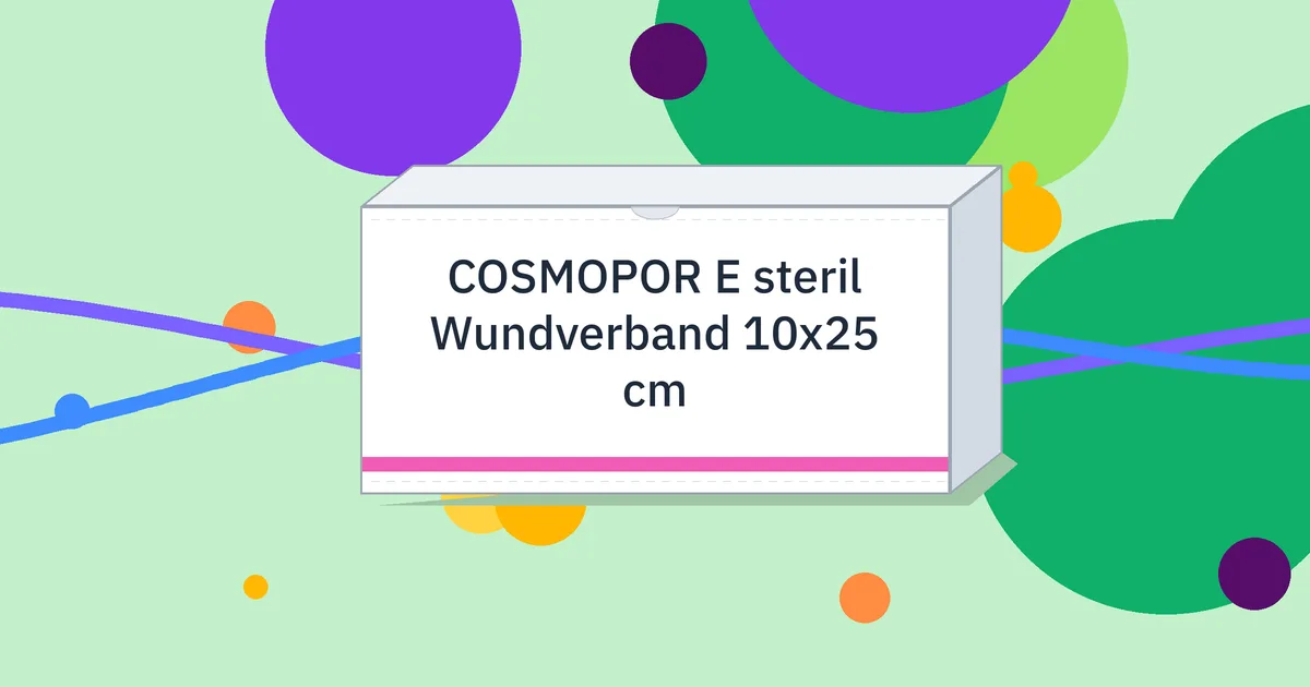 Symbolbild: Packung mit der Aufschrift COSMOPOR E steril Wundverband 10x25 cm (PZN 20544802) – Verfügbarkeit und Bezug in Apotheken in Frankfurt am Main