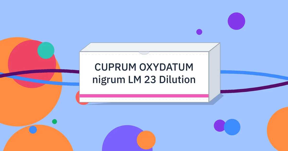 Symbolbild: Packung mit der Aufschrift CUPRUM OXYDATUM nigrum LM 23 Dilution (PZN 13458798) – Verfügbarkeit und Bezug in Apotheken in Frankfurt am Main