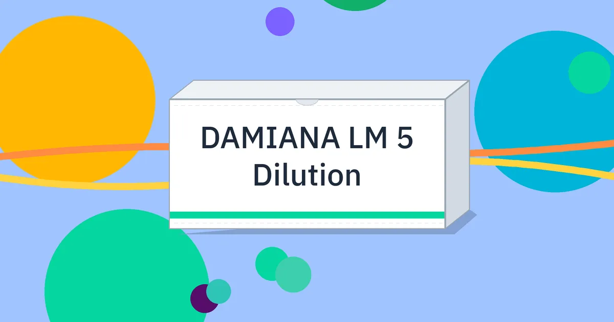Symbolbild: Packung mit der Aufschrift DAMIANA LM 5 Dilution (PZN 13460890) – Verfügbarkeit und Bezug in Apotheken in Frankfurt am Main