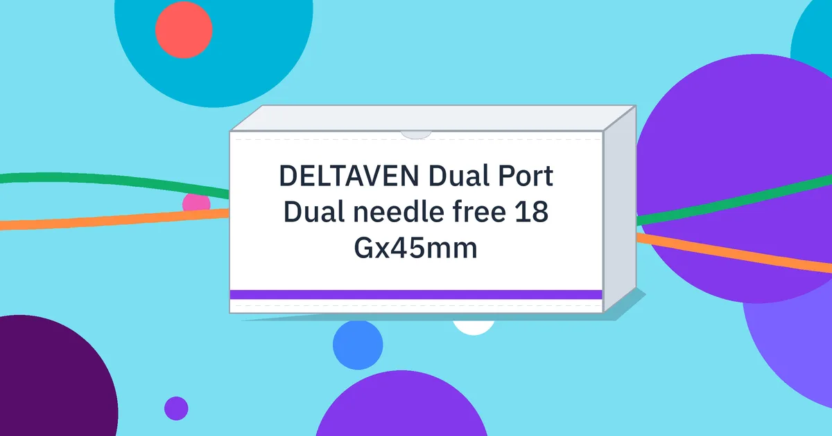 Symbolbild: Packung mit der Aufschrift DELTAVEN Dual Port Dual needle free 18 Gx45mm (PZN 18873869) – Verfügbarkeit und Bezug in Apotheken in Frankfurt am Main