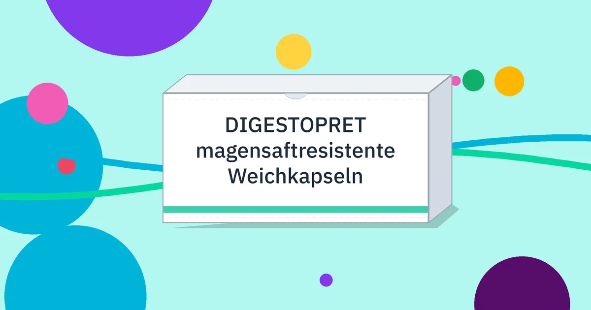 Symbolbild: Packung mit der Aufschrift DIGESTOPRET magensaftresistente Weichkapseln (PZN 18428253) – Verfügbarkeit und Bezug in Apotheken in Frankfurt am Main
