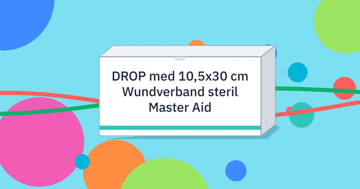 Symbolbild: Packung mit der Aufschrift DROP med 10,5x30 cm Wundverband steril Master Aid (PZN 20111902) – Verfügbarkeit und Bezug in Apotheken in Frankfurt am Main