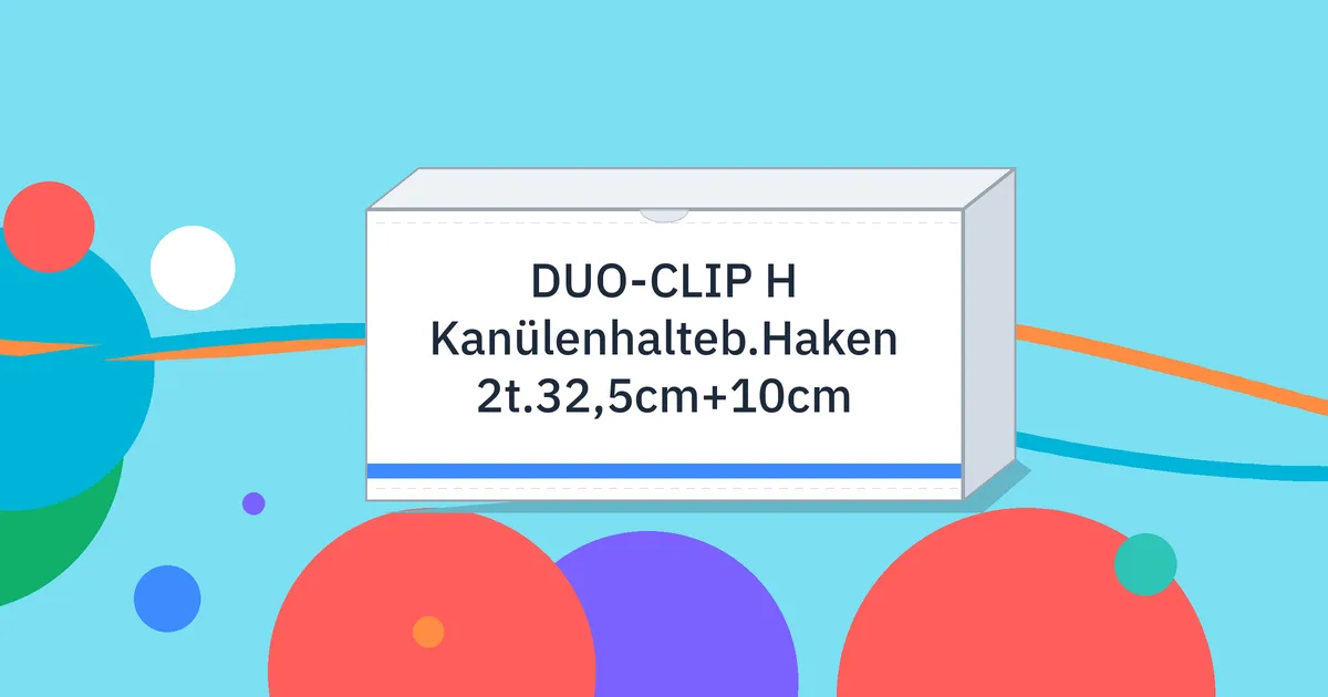 Symbolbild: Packung mit der Aufschrift DUO-CLIP H Kanülenhalteb.Haken 2t.32,5cm+10cm (PZN 16873724) – Verfügbarkeit und Bezug in Apotheken in Frankfurt am Main