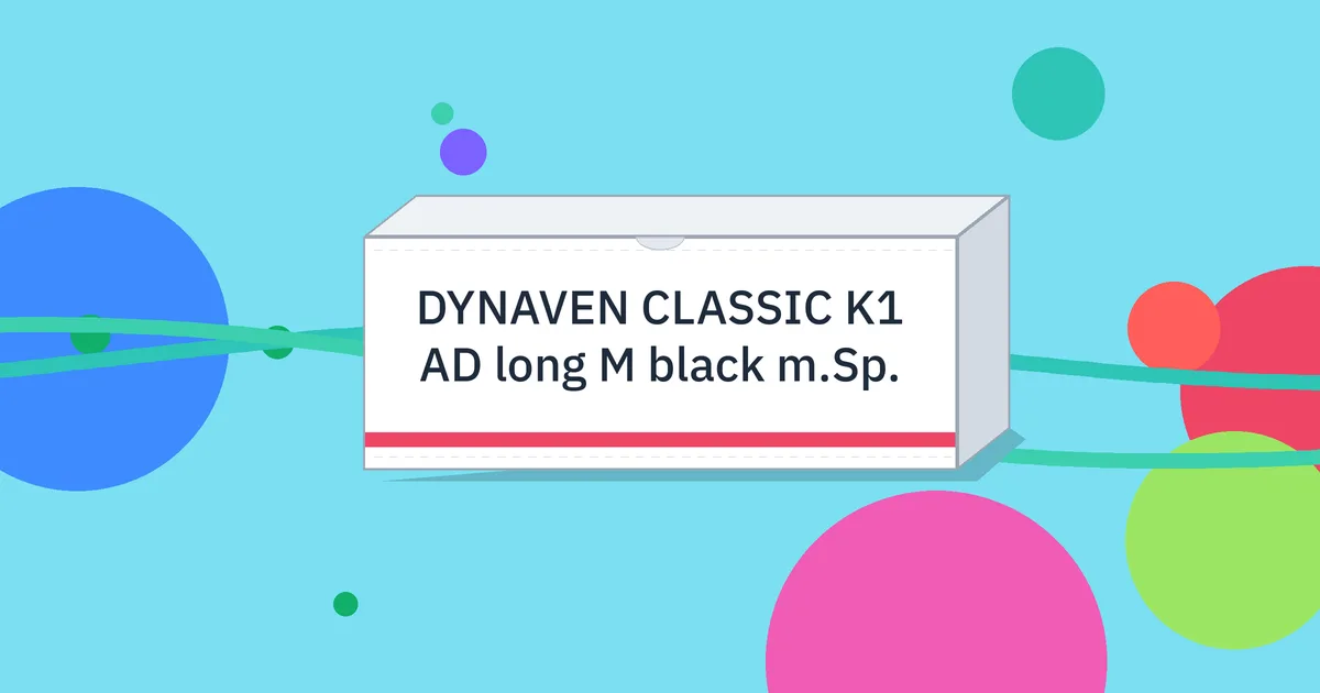 Symbolbild: Packung mit der Aufschrift DYNAVEN CLASSIC K1 AD long M black m.Sp. (PZN 18414765) – Verfügbarkeit und Bezug in Apotheken in Frankfurt am Main