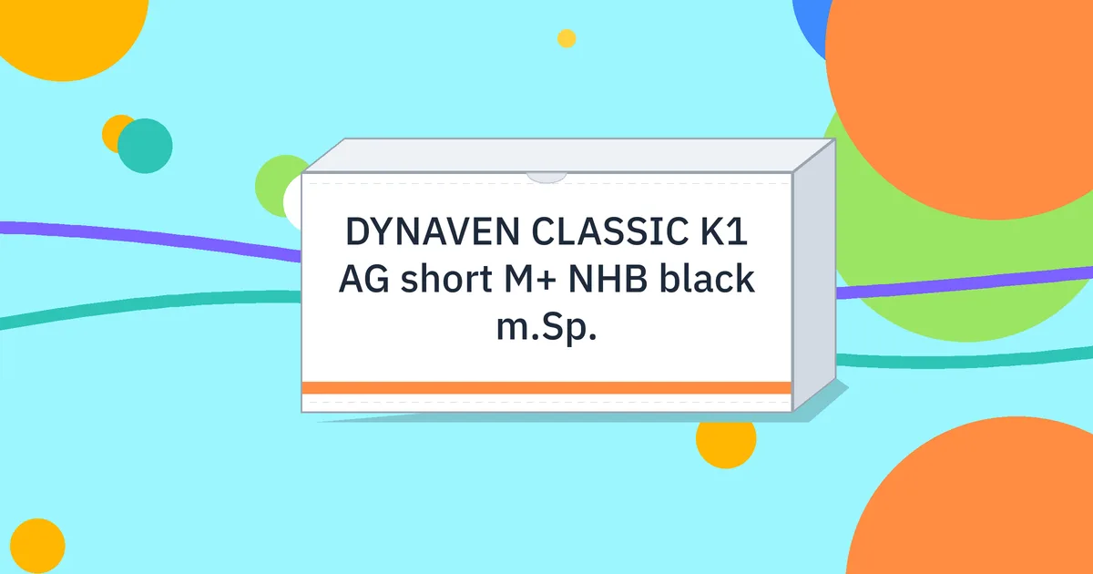 Symbolbild: Packung mit der Aufschrift DYNAVEN CLASSIC K1 AG short M+ NHB black m.Sp. (PZN 18415701) – Verfügbarkeit und Bezug in Apotheken in Frankfurt am Main