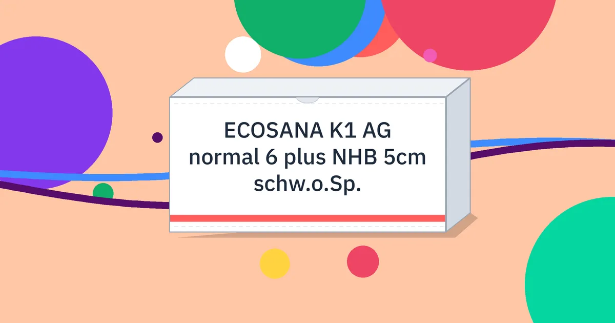 Symbolbild: Packung mit der Aufschrift ECOSANA K1 AG normal 6 plus NHB 5cm schw.o.Sp. (PZN 04729666) – Verfügbarkeit und Bezug in Apotheken in Frankfurt am Main