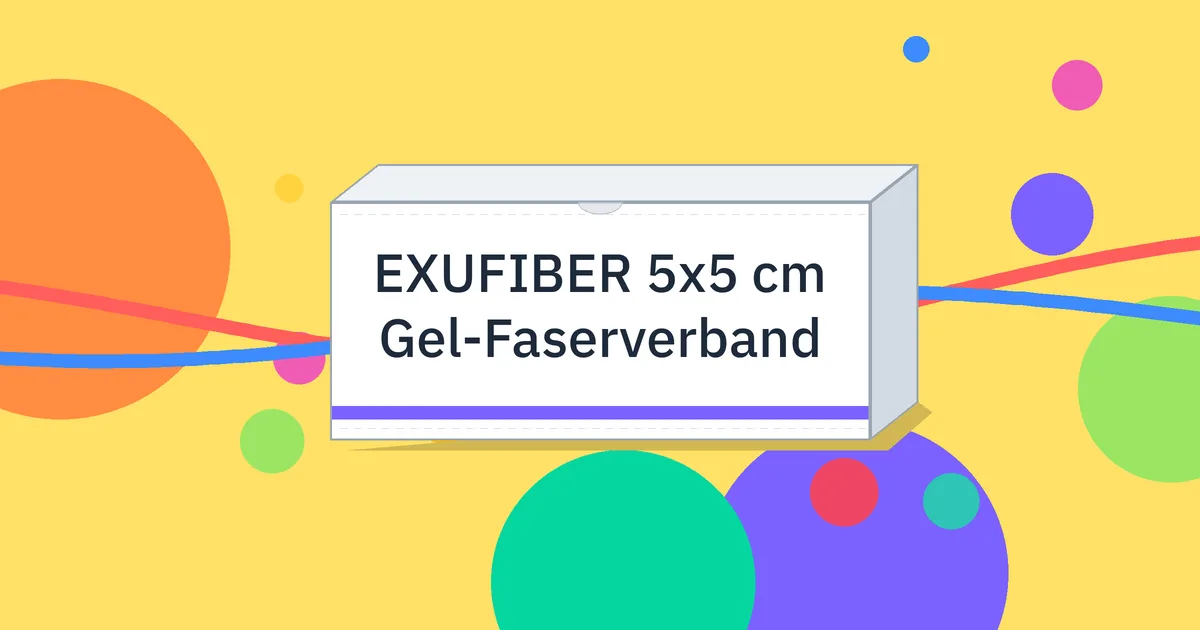 Symbolbild: Packung mit der Aufschrift EXUFIBER 5x5 cm Gel-Faserverband (PZN 17451764) – Verfügbarkeit und Bezug in Apotheken in Frankfurt am Main