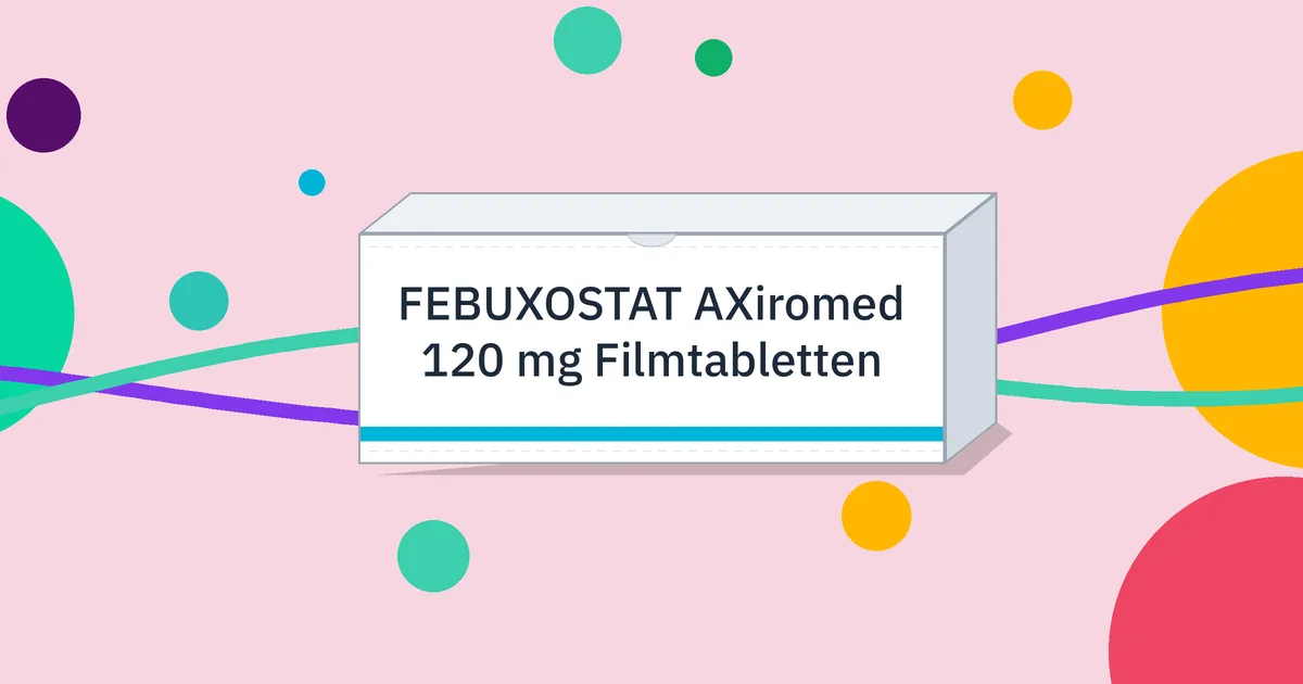 Symbolbild: Packung mit der Aufschrift FEBUXOSTAT AXiromed 120 mg Filmtabletten (PZN 15425082) – Verfügbarkeit und Bezug in Apotheken in Frankfurt am Main