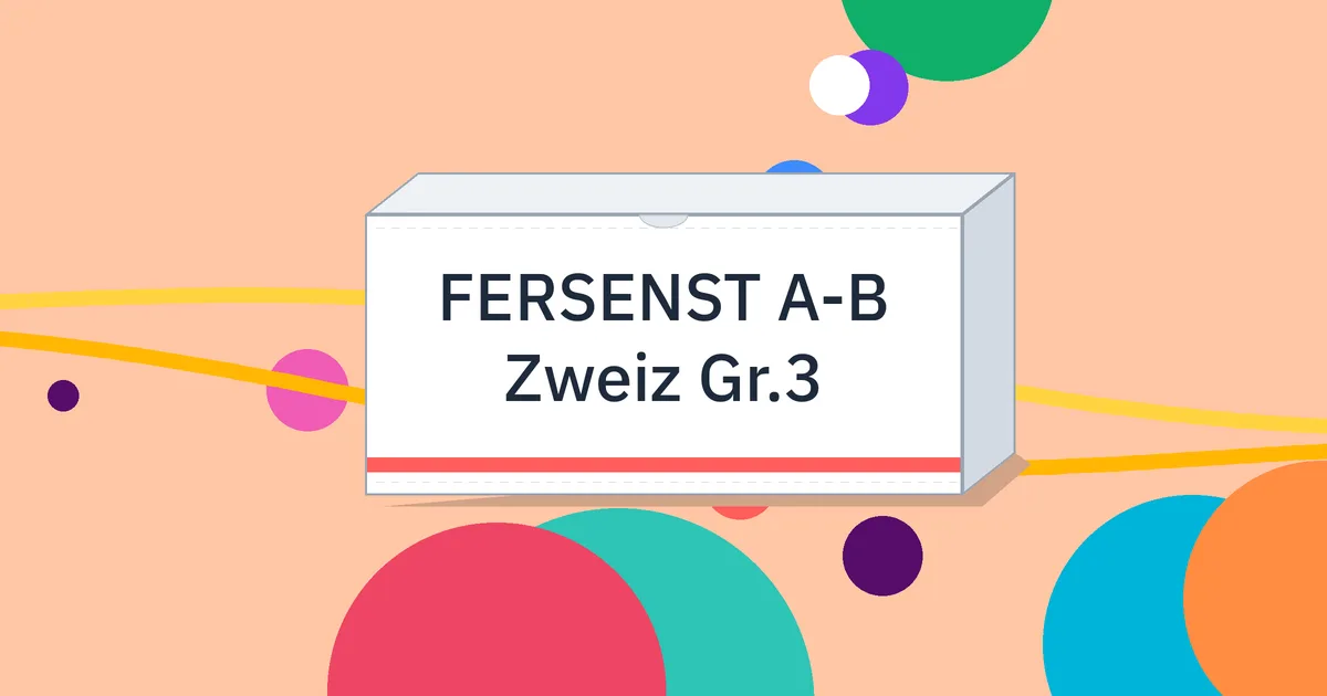 Symbolbild: Packung mit der Aufschrift FERSENST A-B Zweiz Gr.3 (PZN 01737725) – Verfügbarkeit und Bezug in Apotheken in Frankfurt am Main