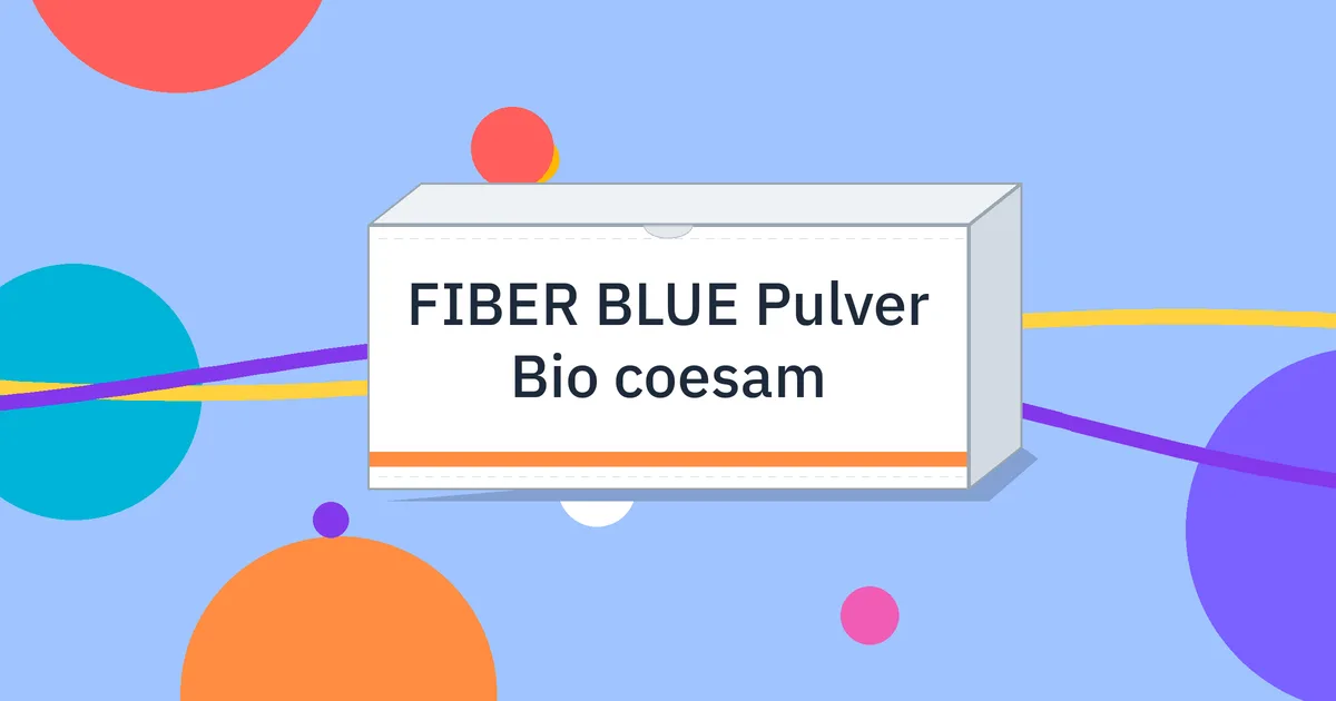 Symbolbild: Packung mit der Aufschrift FIBER BLUE Pulver Bio coesam (PZN 12545644) – Verfügbarkeit und Bezug in Apotheken in Frankfurt am Main