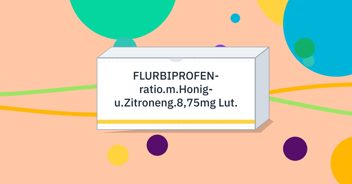 Symbolbild: Packung mit der Aufschrift FLURBIPROFEN-ratio.m.Honig-u.Zitroneng.8,75mg Lut. (PZN 12482694) – Verfügbarkeit und Bezug in Apotheken in Frankfurt am Main