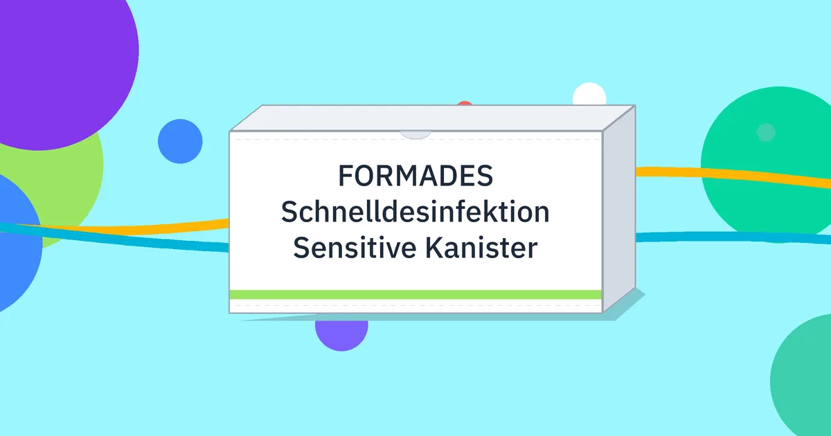 Symbolbild: Packung mit der Aufschrift FORMADES Schnelldesinfektion Sensitive Kanister (PZN 16928945) – Verfügbarkeit und Bezug in Apotheken in Frankfurt am Main