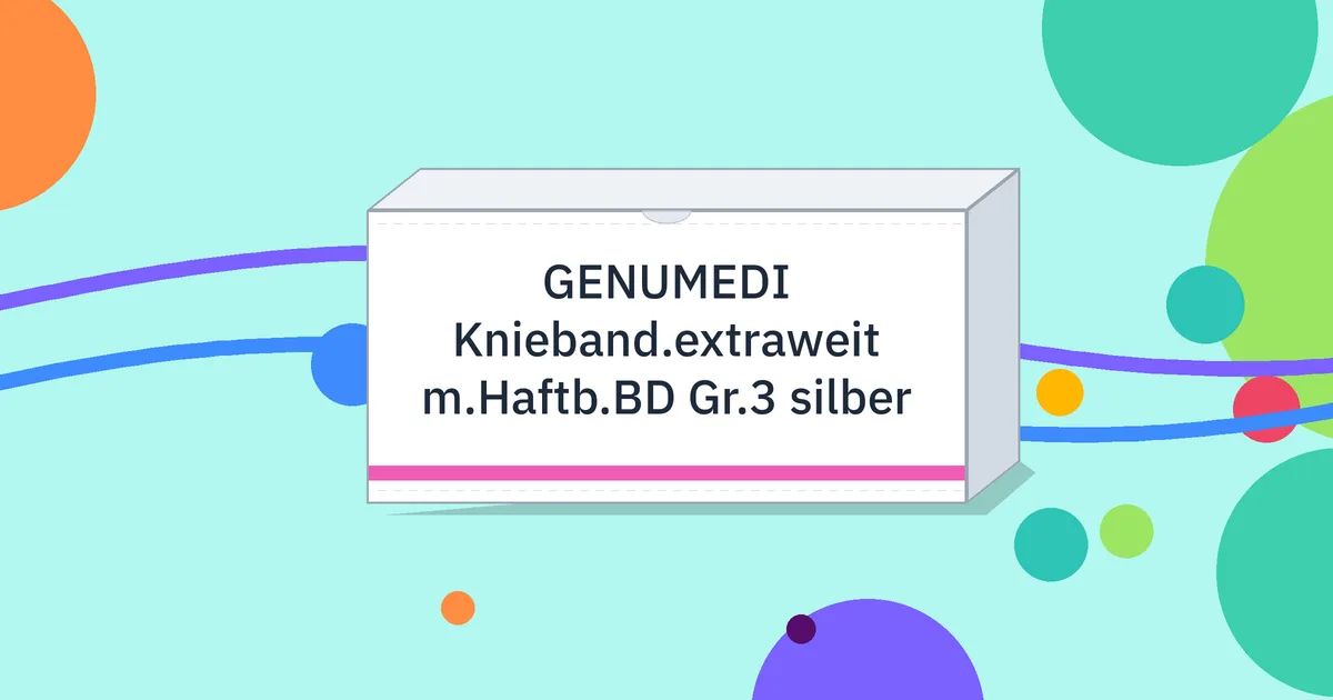 Symbolbild: Packung mit der Aufschrift GENUMEDI Knieband.extraweit m.Haftb.BD Gr.3 silber (PZN 18779722) – Verfügbarkeit und Bezug in Apotheken in Frankfurt am Main