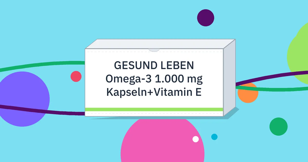 Symbolbild: Packung mit der Aufschrift GESUND LEBEN Omega-3 1.000 mg Kapseln+Vitamin E (PZN 10518146) – Verfügbarkeit und Bezug in Apotheken in Frankfurt am Main