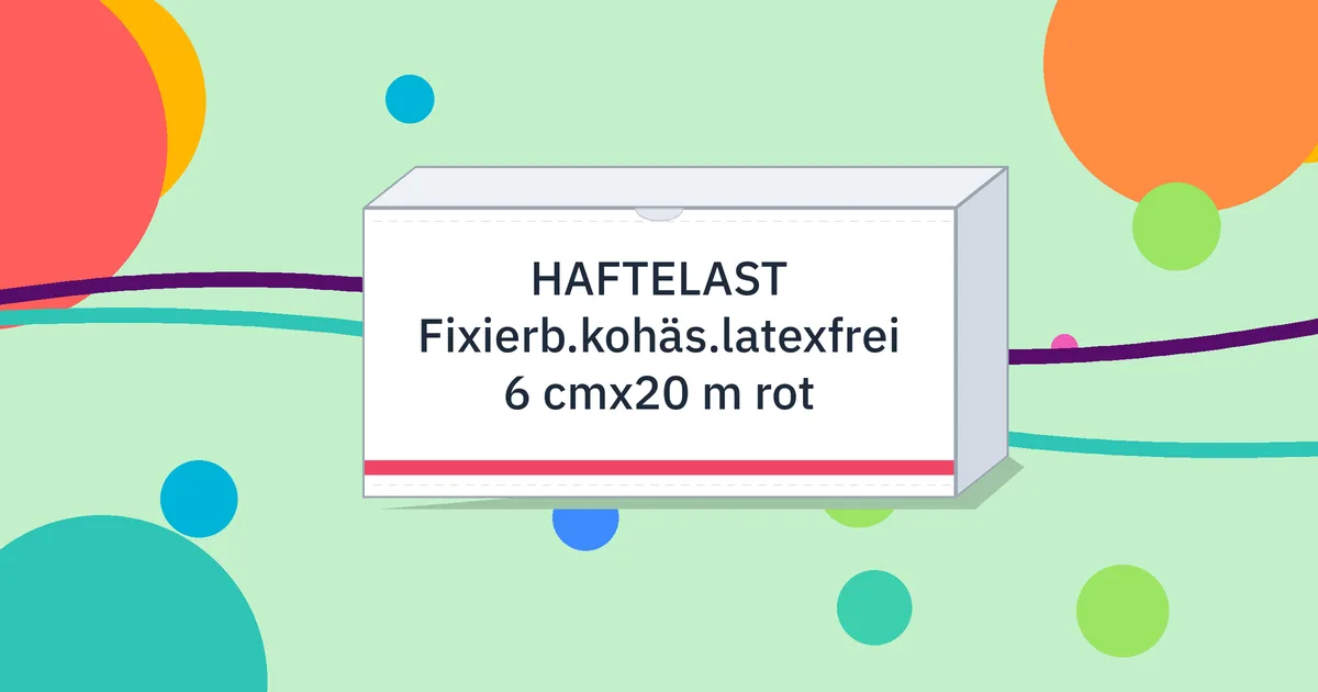 Symbolbild: Packung mit der Aufschrift HAFTELAST Fixierb.kohäs.latexfrei 6 cmx20 m rot (PZN 15998352) – Verfügbarkeit und Bezug in Apotheken in Frankfurt am Main