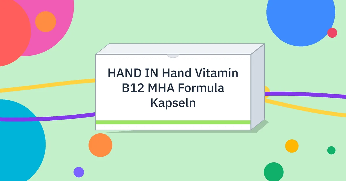 Symbolbild: Packung mit der Aufschrift HAND IN Hand Vitamin B12 MHA Formula Kapseln (PZN 19421862) – Verfügbarkeit und Bezug in Apotheken in Frankfurt am Main