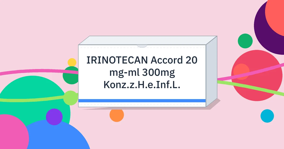 Symbolbild: Packung mit der Aufschrift IRINOTECAN Accord 20 mg-ml 300mg Konz.z.H.e.Inf.L. (PZN 12422485) – Verfügbarkeit und Bezug in Apotheken in Frankfurt am Main