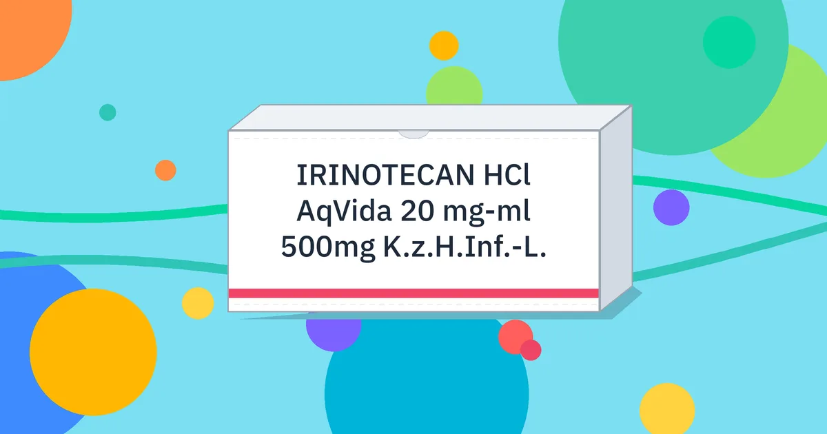 Symbolbild: Packung mit der Aufschrift IRINOTECAN HCl AqVida 20 mg-ml 500mg K.z.H.Inf.-L. (PZN 17817774) – Verfügbarkeit und Bezug in Apotheken in Frankfurt am Main