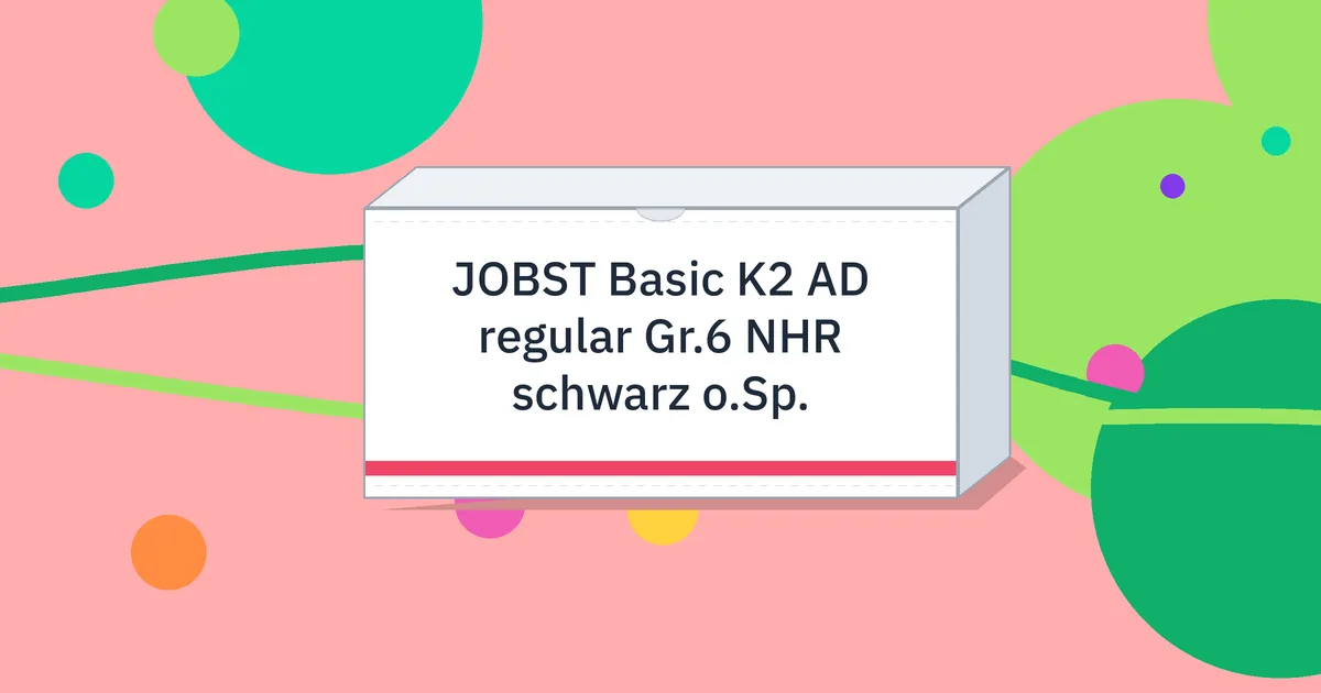 Symbolbild: Packung mit der Aufschrift JOBST Basic K2 AD regular Gr.6 NHR schwarz o.Sp. (PZN 15313101) – Verfügbarkeit und Bezug in Apotheken in Frankfurt am Main