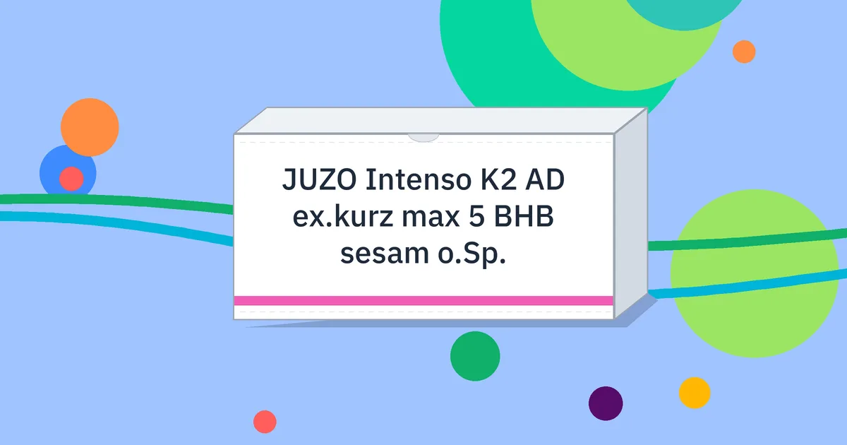 Symbolbild: Packung mit der Aufschrift JUZO Intenso K2 AD ex.kurz max 5 BHB sesam o.Sp. (PZN 18624468) – Verfügbarkeit und Bezug in Apotheken in Frankfurt am Main