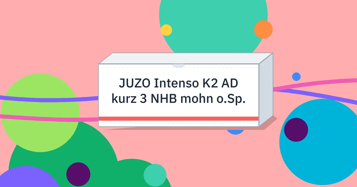 Symbolbild: Packung mit der Aufschrift JUZO Intenso K2 AD kurz 3 NHB mohn o.Sp. (PZN 18621725) – Verfügbarkeit und Bezug in Apotheken in Frankfurt am Main