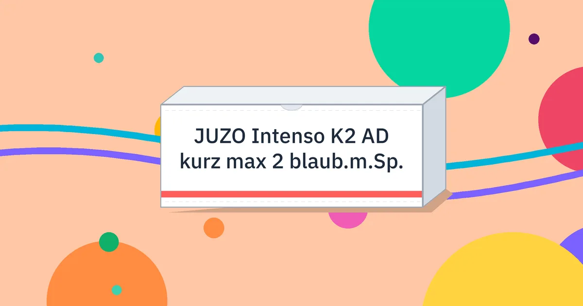 Symbolbild: Packung mit der Aufschrift JUZO Intenso K2 AD kurz max 2 blaub.m.Sp. (PZN 18608699) – Verfügbarkeit und Bezug in Apotheken in Frankfurt am Main