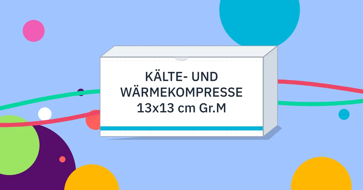 Symbolbild: Packung mit der Aufschrift KÄLTE- UND WÄRMEKOMPRESSE 13x13 cm Gr.M (PZN 19268981) – Verfügbarkeit und Bezug in Apotheken in Frankfurt am Main