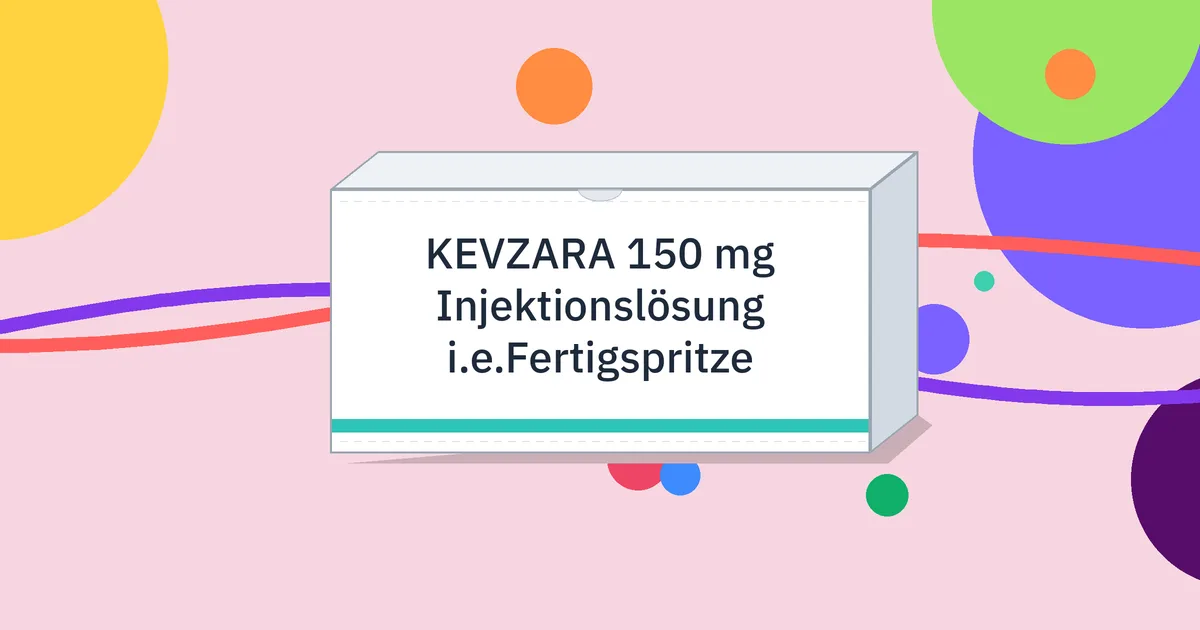 Symbolbild: Packung mit der Aufschrift KEVZARA 150 mg Injektionslösung i.e.Fertigspritze (PZN 16797578) – Verfügbarkeit und Bezug in Apotheken in Frankfurt am Main