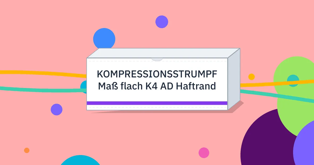 Symbolbild: Packung mit der Aufschrift KOMPRESSIONSSTRUMPF Maß flach K4 AD Haftrand (PZN 16745009) – Verfügbarkeit und Bezug in Apotheken in Frankfurt am Main