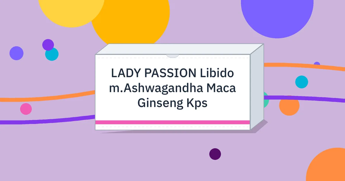Symbolbild: Packung mit der Aufschrift LADY PASSION Libido m.Ashwagandha Maca Ginseng Kps (PZN 16886649) – Verfügbarkeit und Bezug in Apotheken in Frankfurt am Main