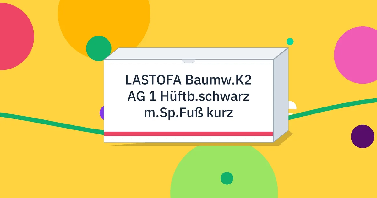 Symbolbild: Packung mit der Aufschrift LASTOFA Baumw.K2 AG 1 Hüftb.schwarz m.Sp.Fuß kurz (PZN 01949350) – Verfügbarkeit und Bezug in Apotheken in Frankfurt am Main