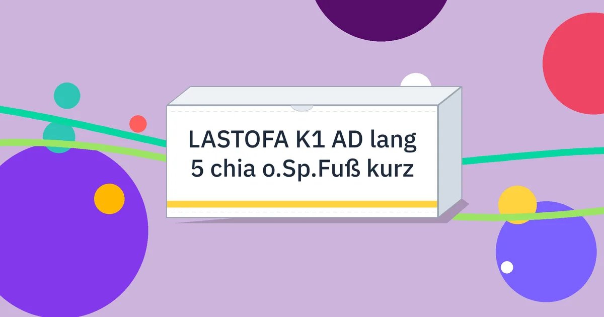 Symbolbild: Packung mit der Aufschrift LASTOFA K1 AD lang 5 chia o.Sp.Fuß kurz (PZN 13787674) – Verfügbarkeit und Bezug in Apotheken in Frankfurt am Main