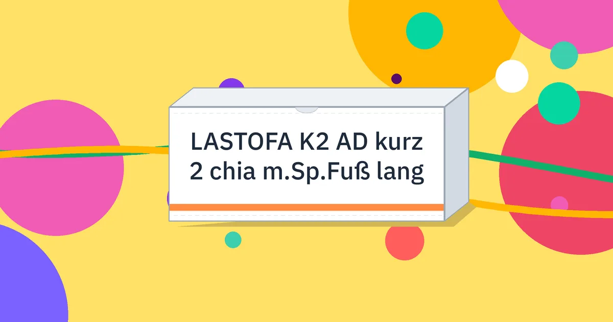 Symbolbild: Packung mit der Aufschrift LASTOFA K2 AD kurz 2 chia m.Sp.Fuß lang (PZN 13799772) – Verfügbarkeit und Bezug in Apotheken in Frankfurt am Main