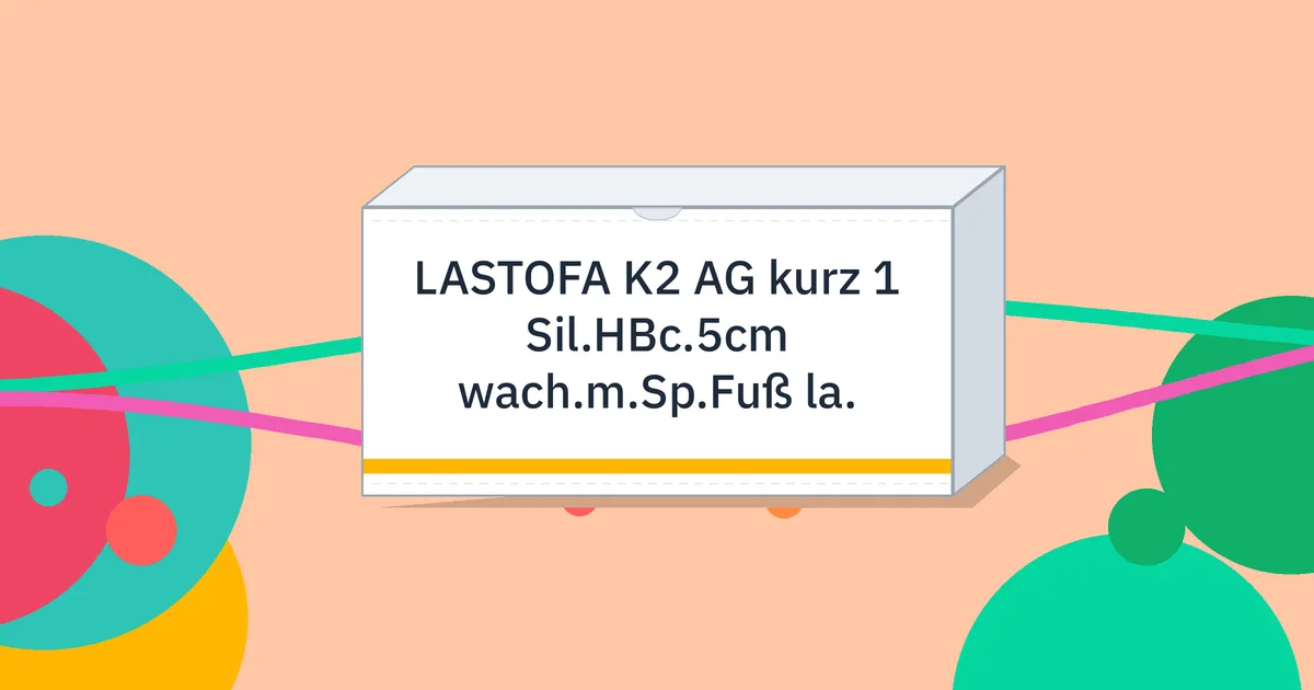 Symbolbild: Packung mit der Aufschrift LASTOFA K2 AG kurz 1 Sil.HBc.5cm wach.m.Sp.Fuß la. (PZN 13802190) – Verfügbarkeit und Bezug in Apotheken in Frankfurt am Main