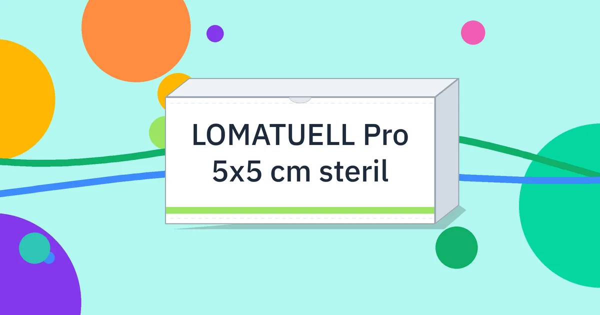 Symbolbild: Packung mit der Aufschrift LOMATUELL Pro 5x5 cm steril (PZN 17276829) – Verfügbarkeit und Bezug in Apotheken in Frankfurt am Main
