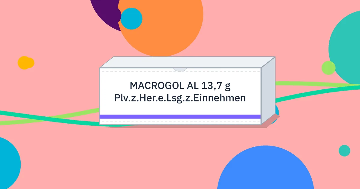 Symbolbild: Packung mit der Aufschrift MACROGOL AL 13,7 g Plv.z.Her.e.Lsg.z.Einnehmen (PZN 09474113) – Verfügbarkeit und Bezug in Apotheken in Frankfurt am Main