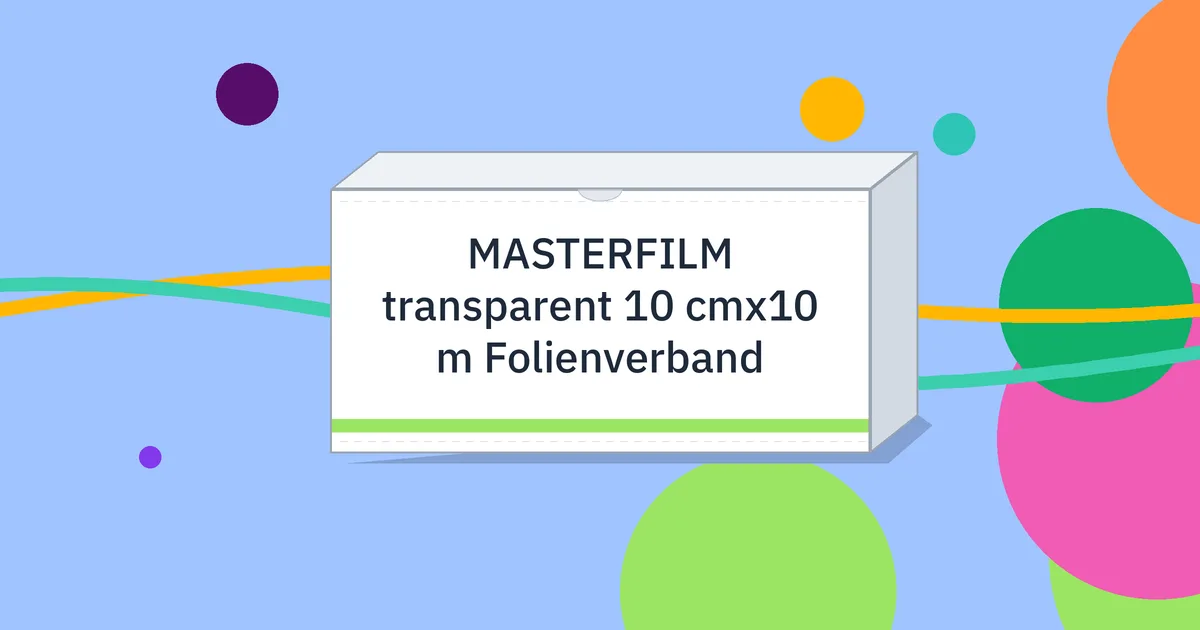 Symbolbild: Packung mit der Aufschrift MASTERFILM transparent 10 cmx10 m Folienverband (PZN 18426343) – Verfügbarkeit und Bezug in Apotheken in Frankfurt am Main