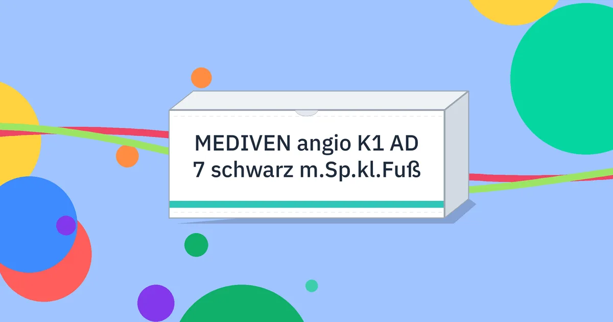 Symbolbild: Packung mit der Aufschrift MEDIVEN angio K1 AD 7 schwarz m.Sp.kl.Fuß (PZN 17210150) – Verfügbarkeit und Bezug in Apotheken in Frankfurt am Main