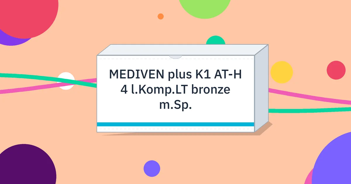 Symbolbild: Packung mit der Aufschrift MEDIVEN plus K1 AT-H 4 l.Komp.LT bronze m.Sp. (PZN 15038304) – Verfügbarkeit und Bezug in Apotheken in Frankfurt am Main