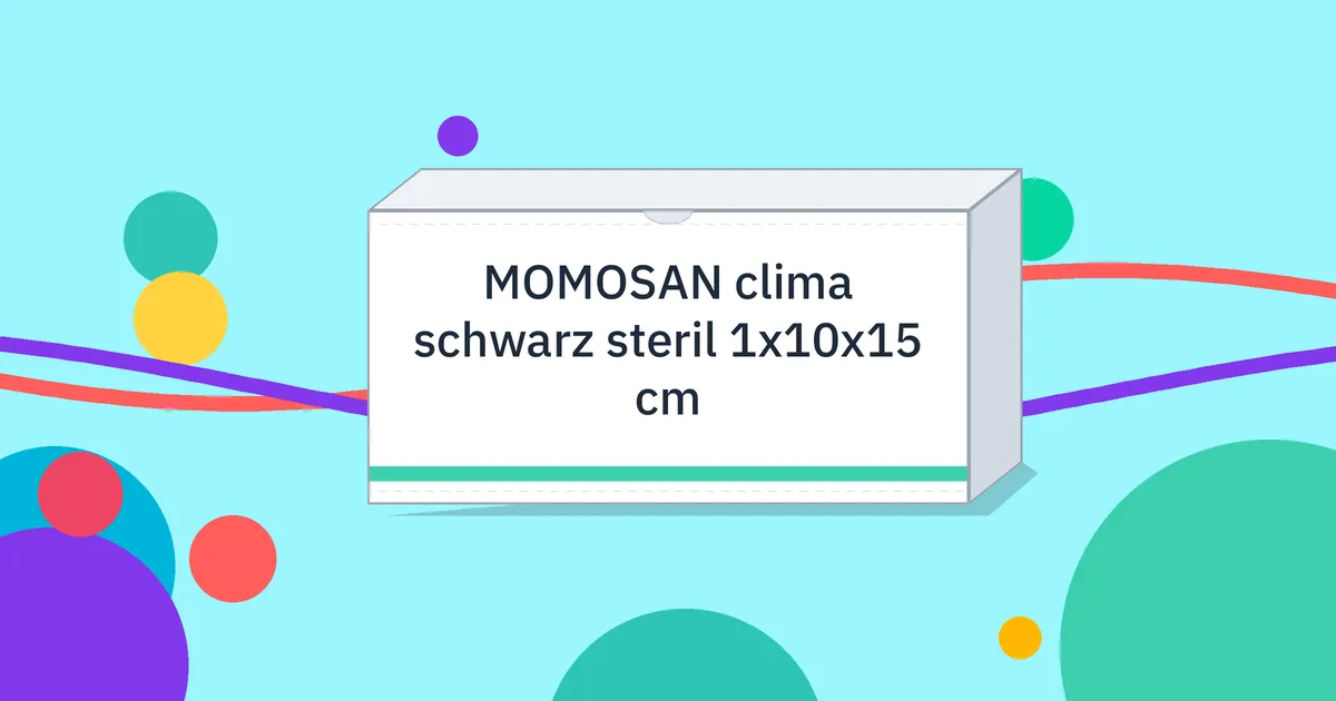 Symbolbild: Packung mit der Aufschrift MOMOSAN clima schwarz steril 1x10x15 cm (PZN 09374541) – Verfügbarkeit und Bezug in Apotheken in Frankfurt am Main