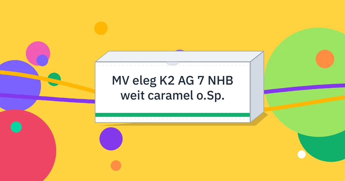 Symbolbild: Packung mit der Aufschrift MV eleg K2 AG 7 NHB weit caramel o.Sp. (PZN 15729327) – Verfügbarkeit und Bezug in Apotheken in Frankfurt am Main