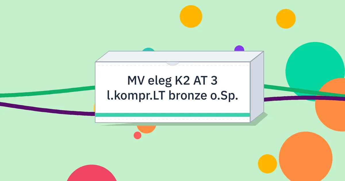 Symbolbild: Packung mit der Aufschrift MV eleg K2 AT 3 l.kompr.LT bronze o.Sp. (PZN 15285190) – Verfügbarkeit und Bezug in Apotheken in Frankfurt am Main