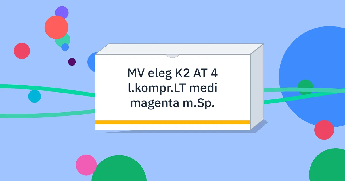 Symbolbild: Packung mit der Aufschrift MV eleg K2 AT 4 l.kompr.LT medi magenta m.Sp. (PZN 15285623) – Verfügbarkeit und Bezug in Apotheken in Frankfurt am Main