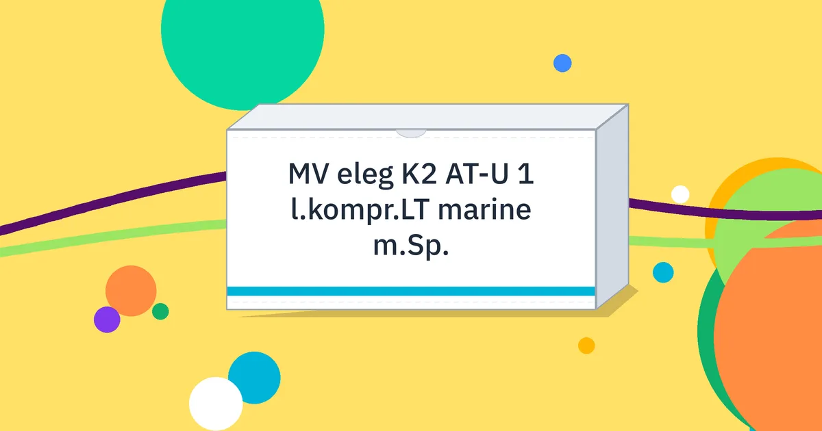 Symbolbild: Packung mit der Aufschrift MV eleg K2 AT-U 1 l.kompr.LT marine m.Sp. (PZN 15289897) – Verfügbarkeit und Bezug in Apotheken in Frankfurt am Main