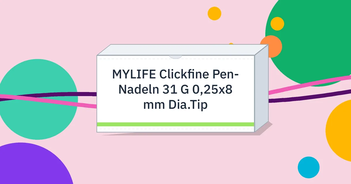 Symbolbild: Packung mit der Aufschrift MYLIFE Clickfine Pen-Nadeln 31 G 0,25x8 mm Dia.Tip (PZN 12366568) – Verfügbarkeit und Bezug in Apotheken in Frankfurt am Main