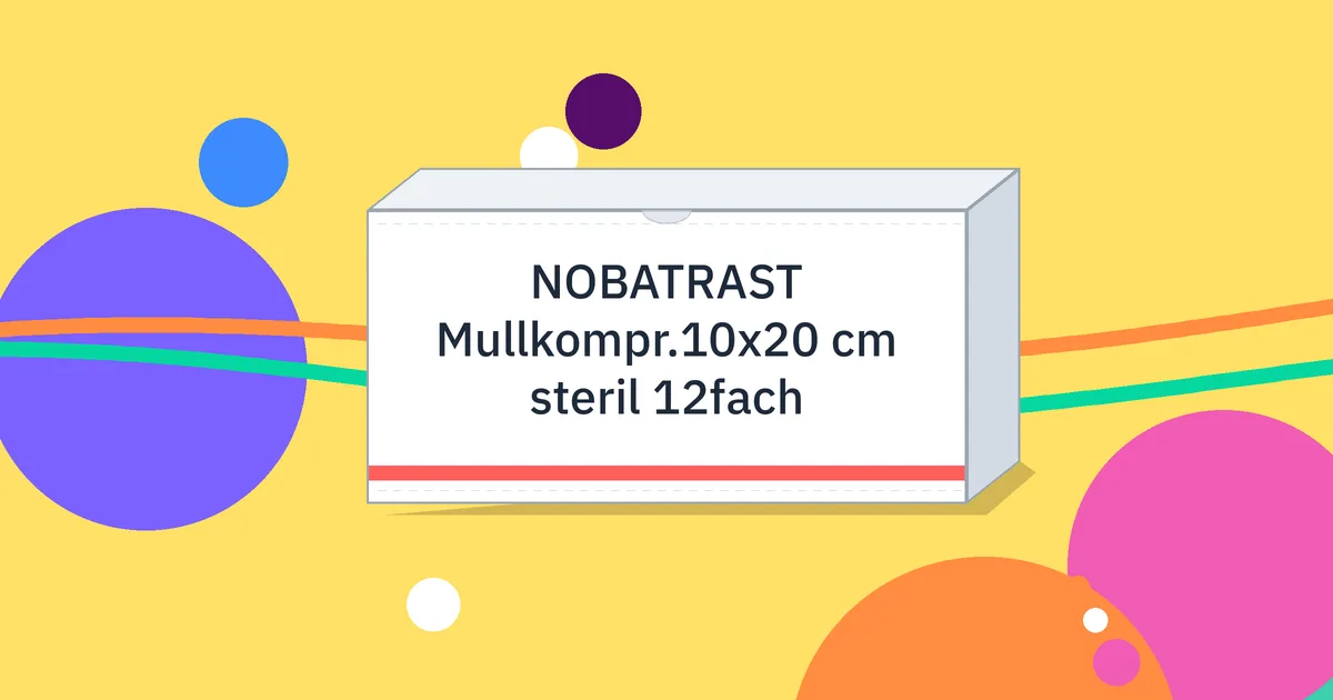 Symbolbild: Packung mit der Aufschrift NOBATRAST Mullkompr.10x20 cm steril 12fach (PZN 08848959) – Verfügbarkeit und Bezug in Apotheken in Frankfurt am Main