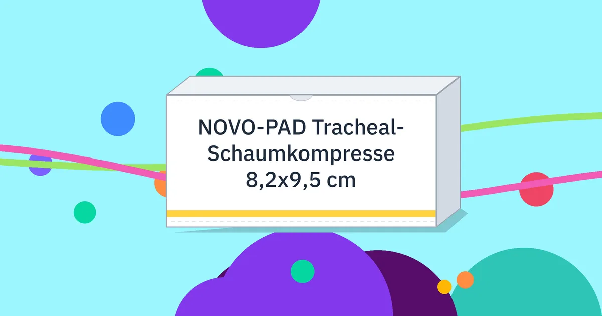 Symbolbild: Packung mit der Aufschrift NOVO-PAD Tracheal-Schaumkompresse 8,2x9,5 cm (PZN 16874095) – Verfügbarkeit und Bezug in Apotheken in Frankfurt am Main