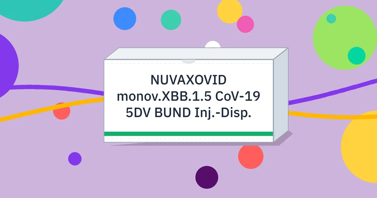 Symbolbild: Packung mit der Aufschrift NUVAXOVID monov.XBB.1.5 CoV-19 5DV BUND Inj.-Disp. (PZN 19129854) – Verfügbarkeit und Bezug in Apotheken in Frankfurt am Main
