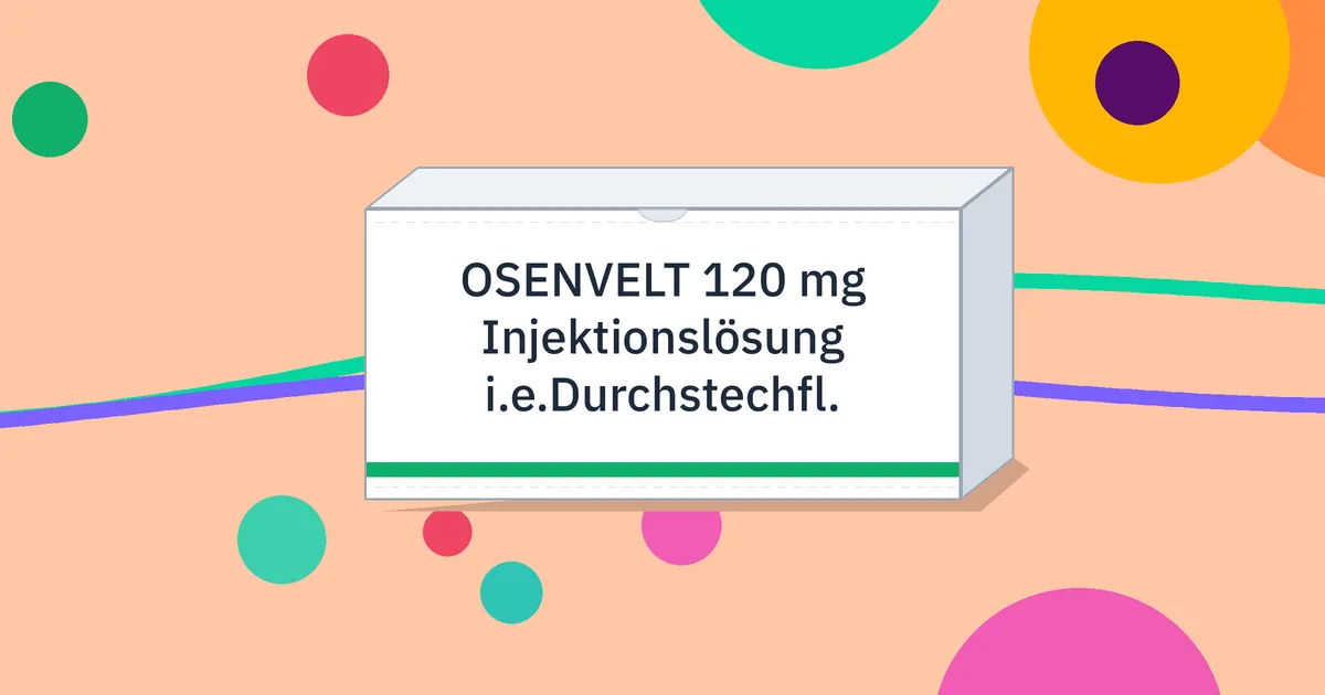 Symbolbild: Packung mit der Aufschrift OSENVELT 120 mg Injektionslösung i.e.Durchstechfl. (PZN 19499404) – Verfügbarkeit und Bezug in Apotheken in Frankfurt am Main